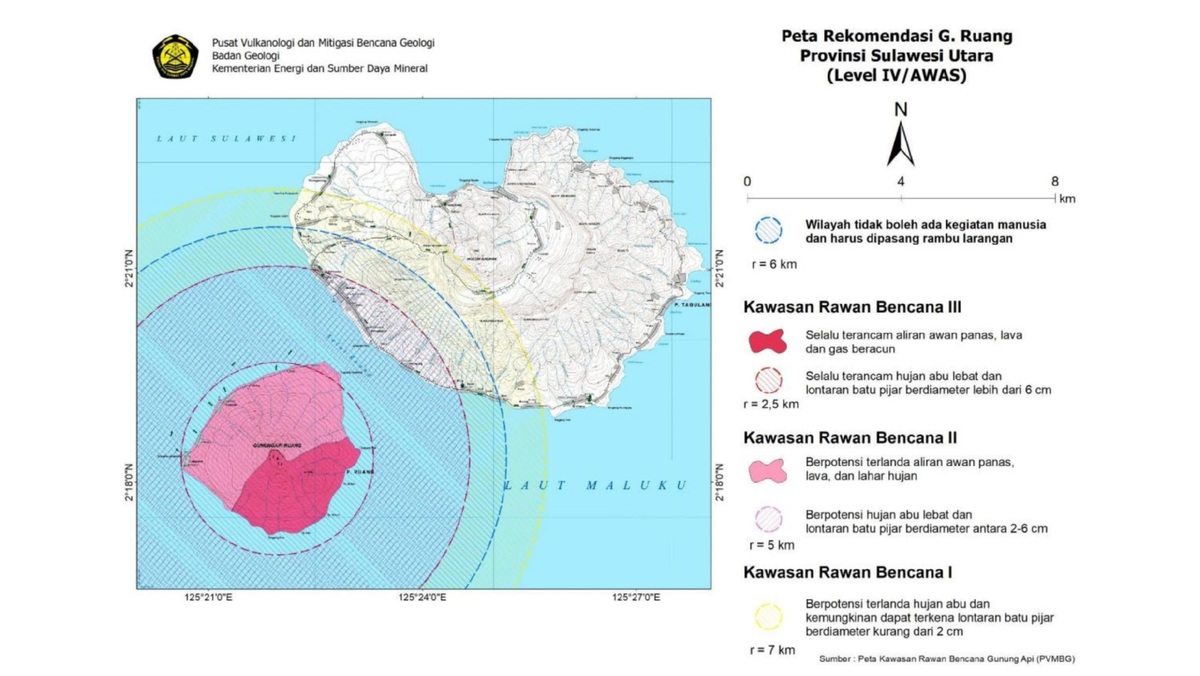 The eruption of Mount Ruang appears to be subsiding, the 6 kilometer ...